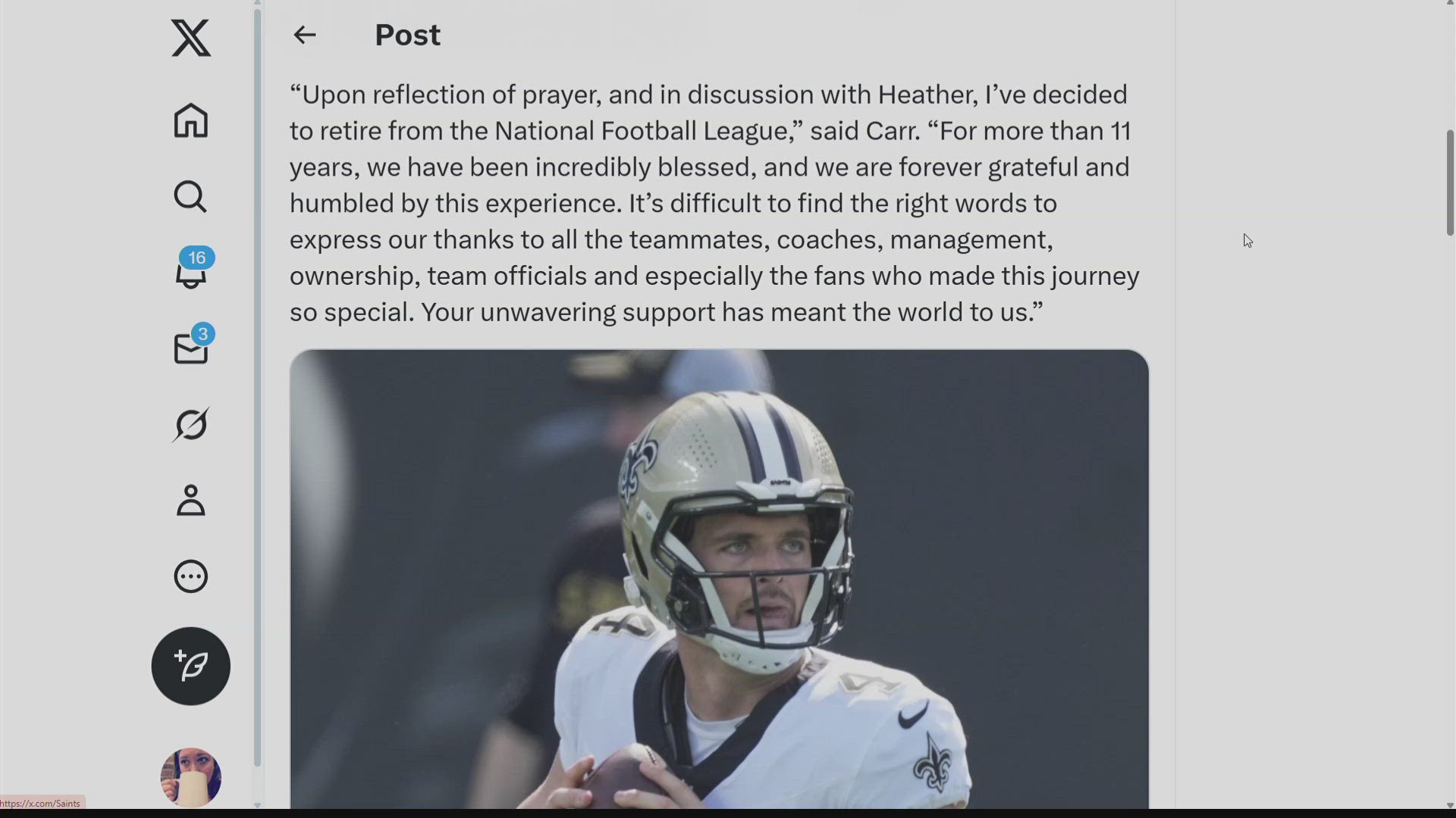 Saints QB Derek Carr Announces Retirement After Shoulder Injury | wwltv.com