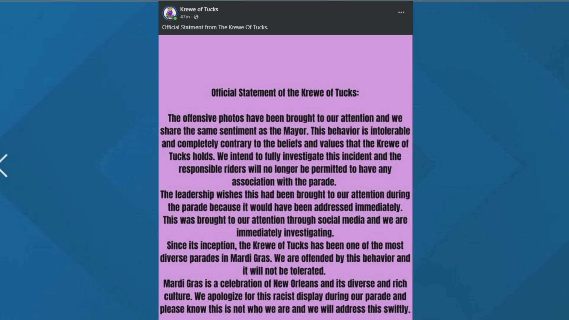 Krewe of Tucks responds to racist display on float | wwltv.com