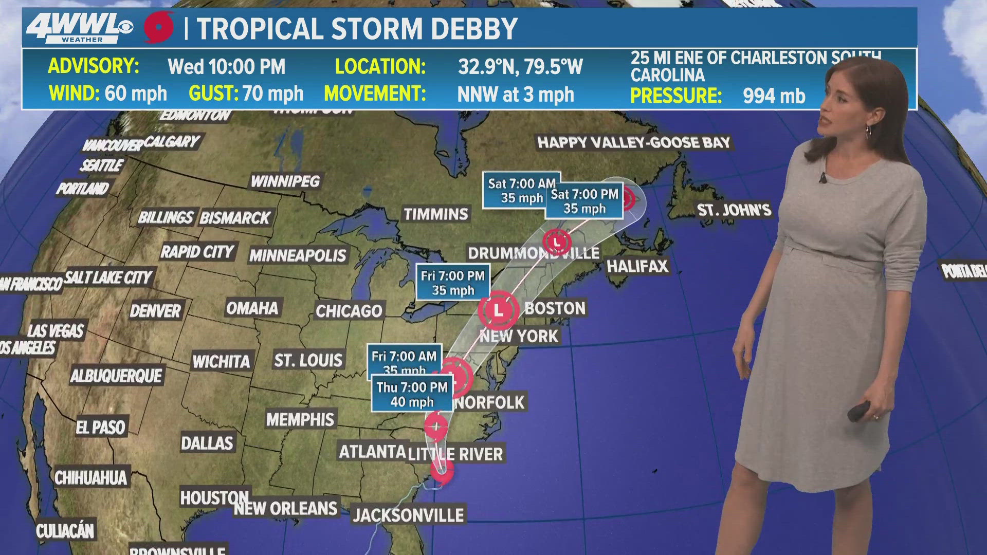 Wednesday 10PM Tropical Update: TS Debby moving up East Coast | wwltv.com