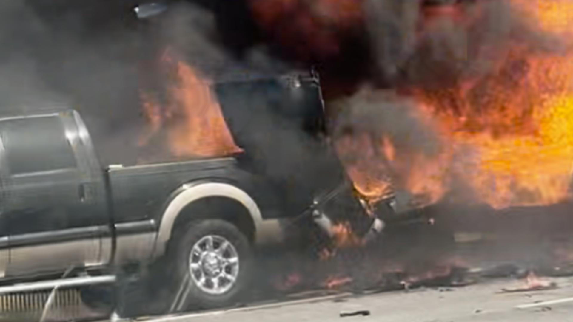 Traffic chaos on I-10 as nitrous oxide trailer erupts into flames ...