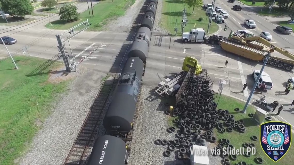 Aerial video of crash with train and tire truck in Slidell | wwltv.com
