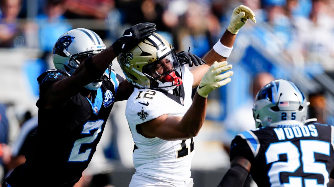 Saints Chris Olave injured in big hit by Panthers defense | wwltv.com