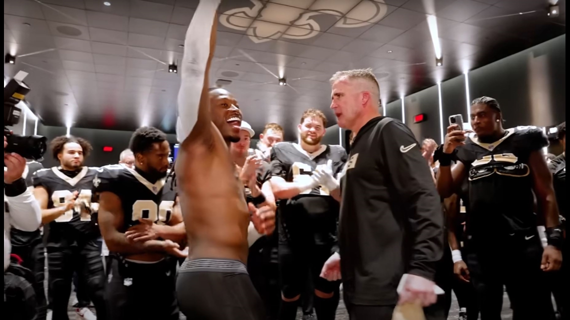 Saints coach presents game ball to record holder Alvan Kamara | wwltv.com