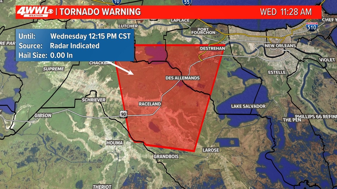 Tornado Warning has been issued for areas in St. Charles, Lafourche, St. James, St. John The ...