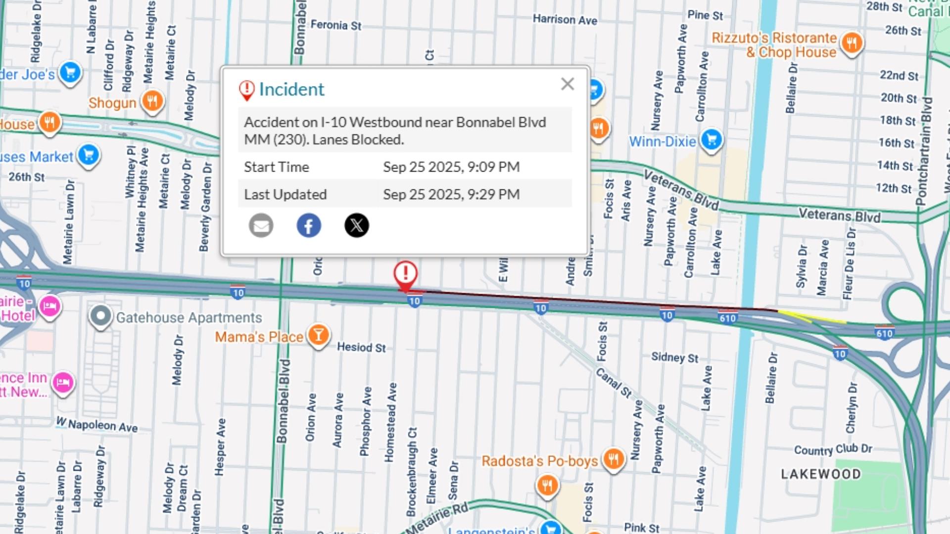 Traffic Alert: Accident on I-10W near Bonnabel Boulevard causes delays ...